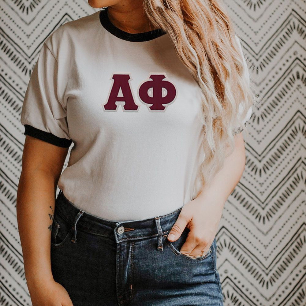 DISCOUNT-Alpha Phi Lettered Ringer Shirt — GreekU