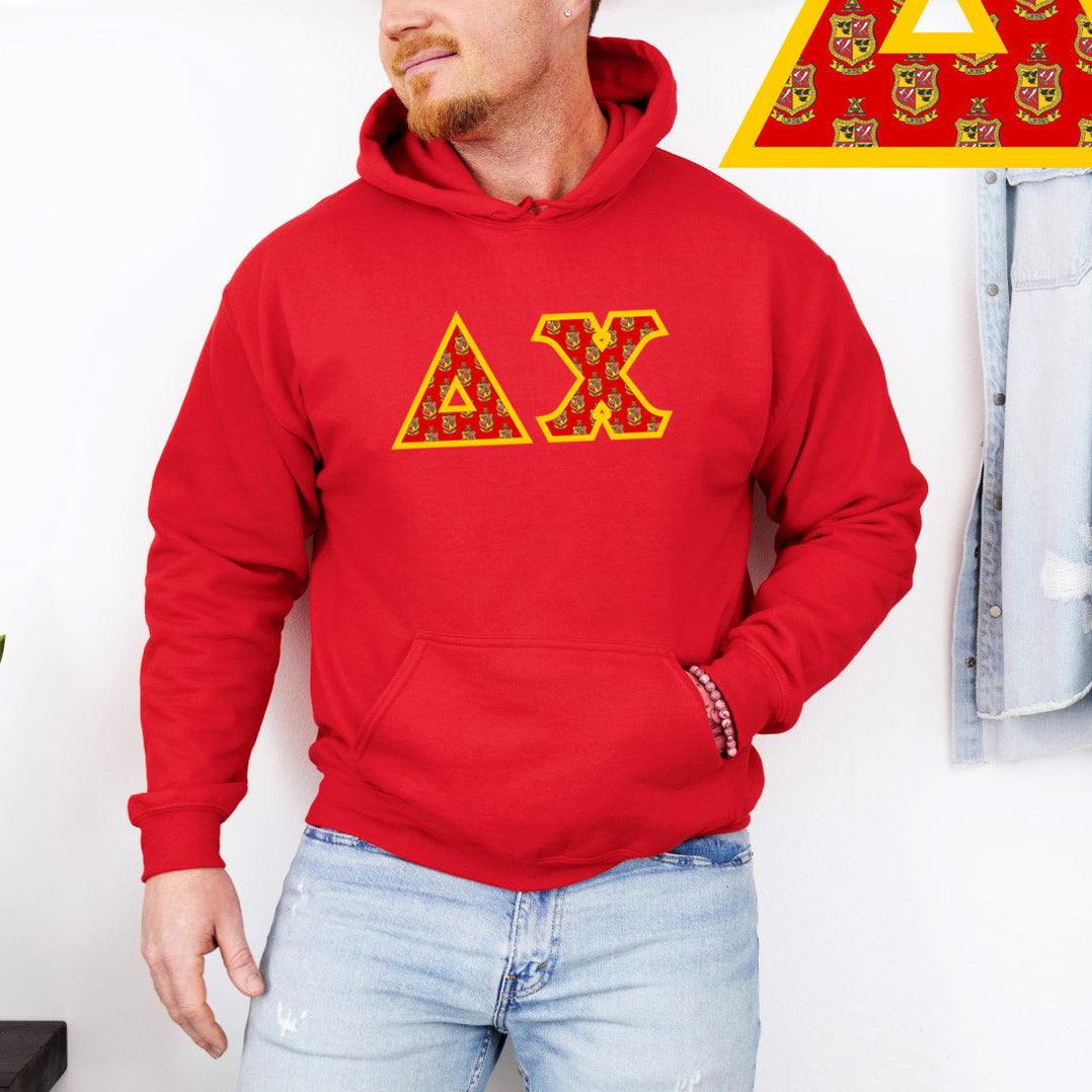 Delta Chi Fraternity Crest - Shield Twill Letter Hooded Sweatshirt — GreekU