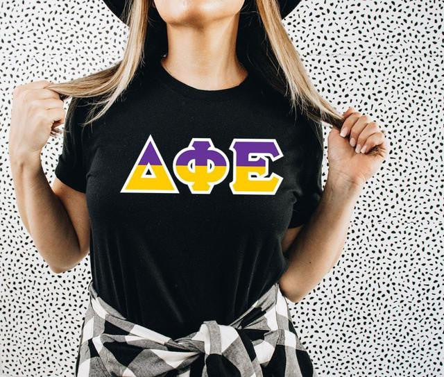 Delta Phi Epsilon Two Toned Greek Lettered T-shirts — GreekU