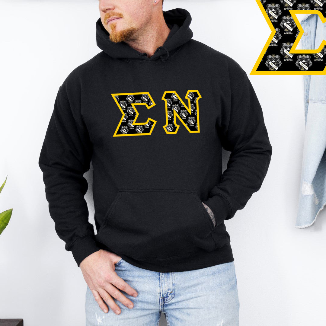 Sigma Nu Fraternity Crest - Shield Twill Letter Hooded Sweatshirt — GreekU